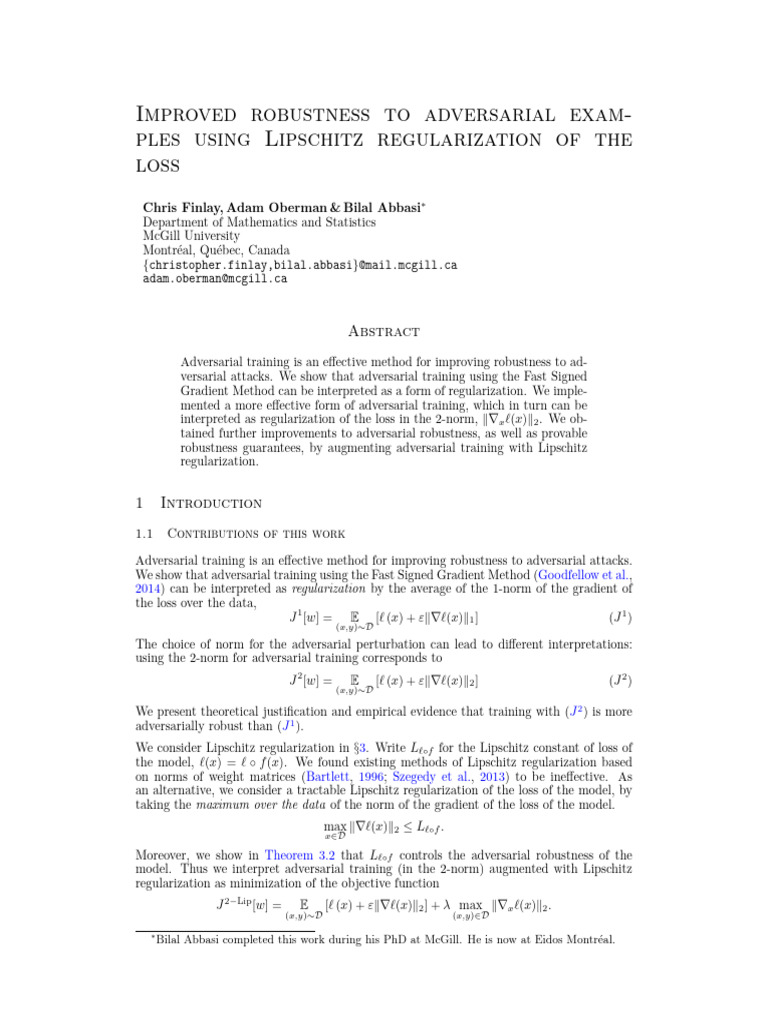 Improved Robustness To Adversarial Examples Using Lipschitz Regularization of The Loss | PDF ...