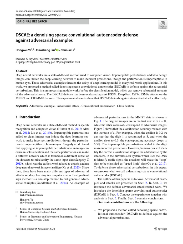 Dscae A Denoising Sparse Convolutional Autoencoder Defense Against Adversarial Examples Pdf 