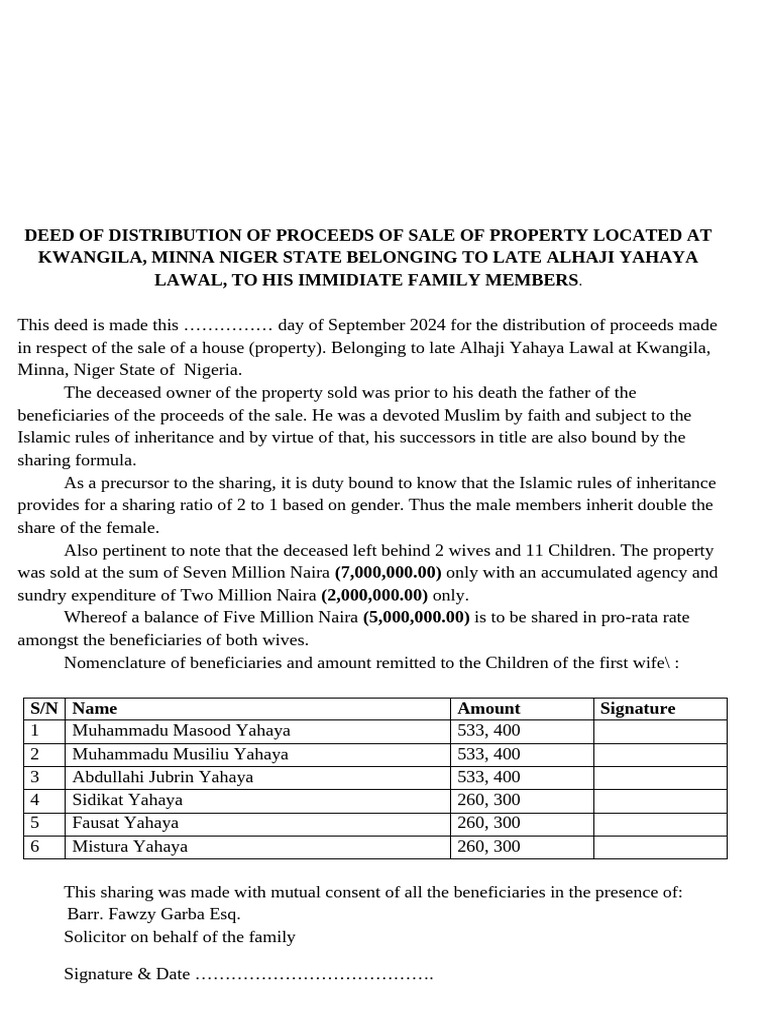 DEED OF DISTRIBUTION OF PROCEEDS OF SALE OF PROPERTY LOCATED AT ...