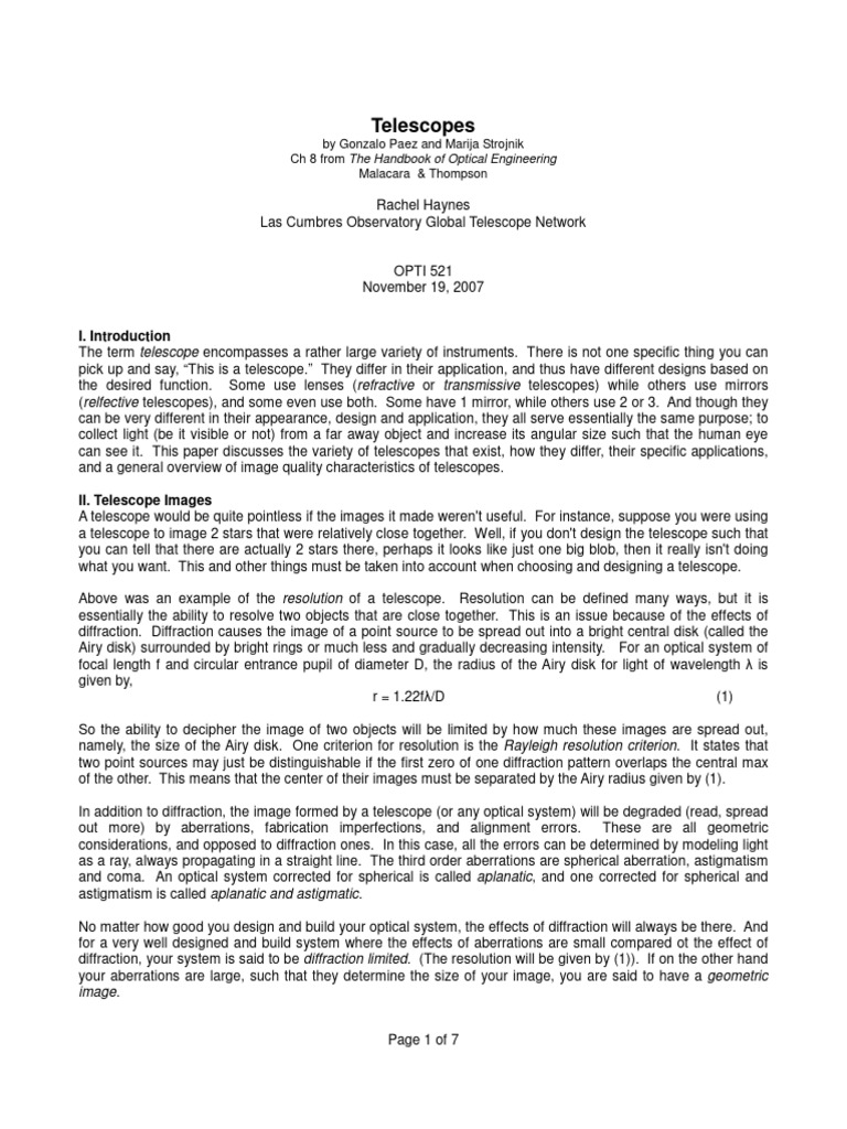 521.technical Report Summary - Telescopes.haynes | PDF | Optics | Telescope