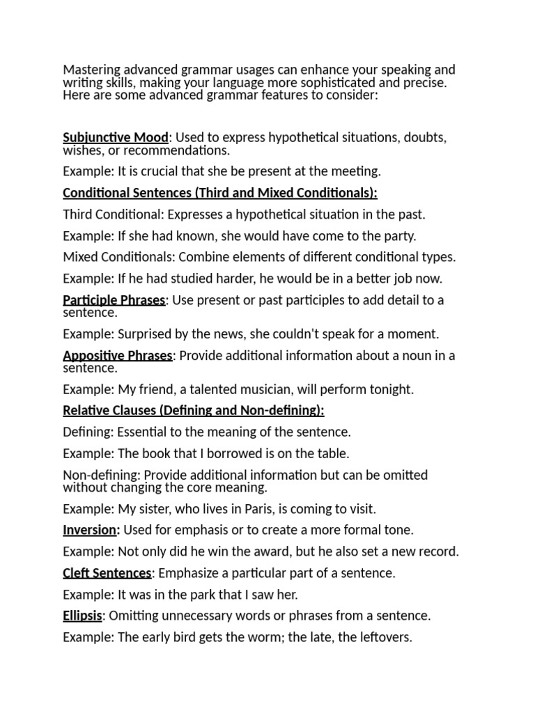 Advanced Grammar Features For Writing | PDF | Verb | Language Mechanics