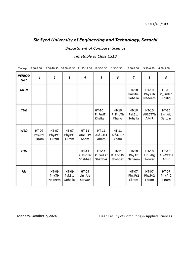 SSUET Time Table | PDF