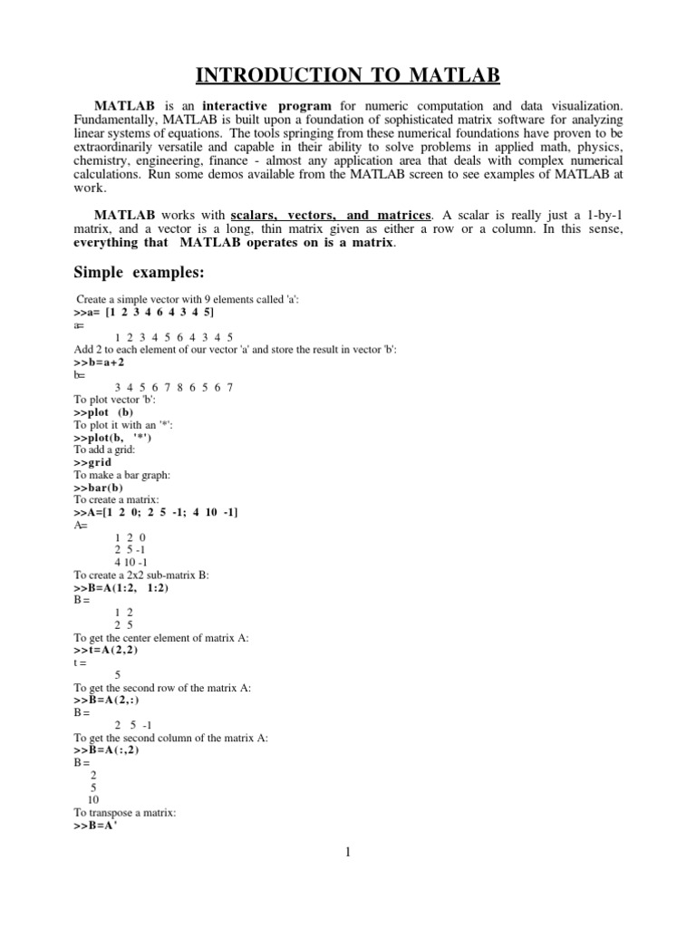 Introduction To Matlab: Simple Examples | Download Free PDF | Matlab | Matrix (Mathematics)