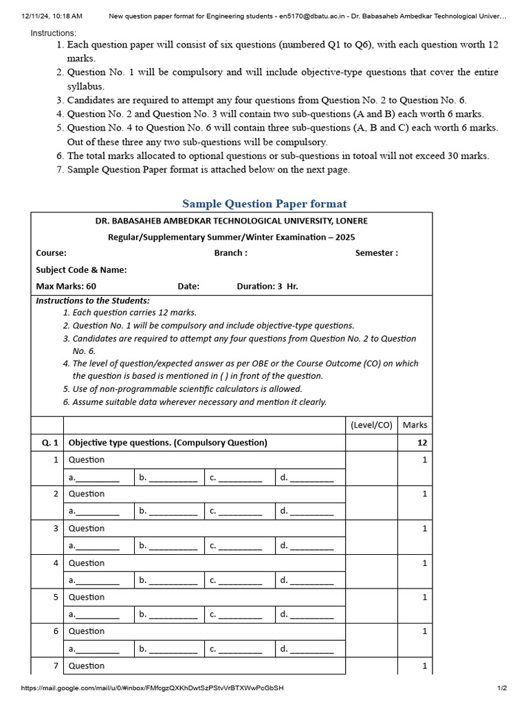 New Question Paper Format For Engineering Students - En5170@Dbatu - Ac ...