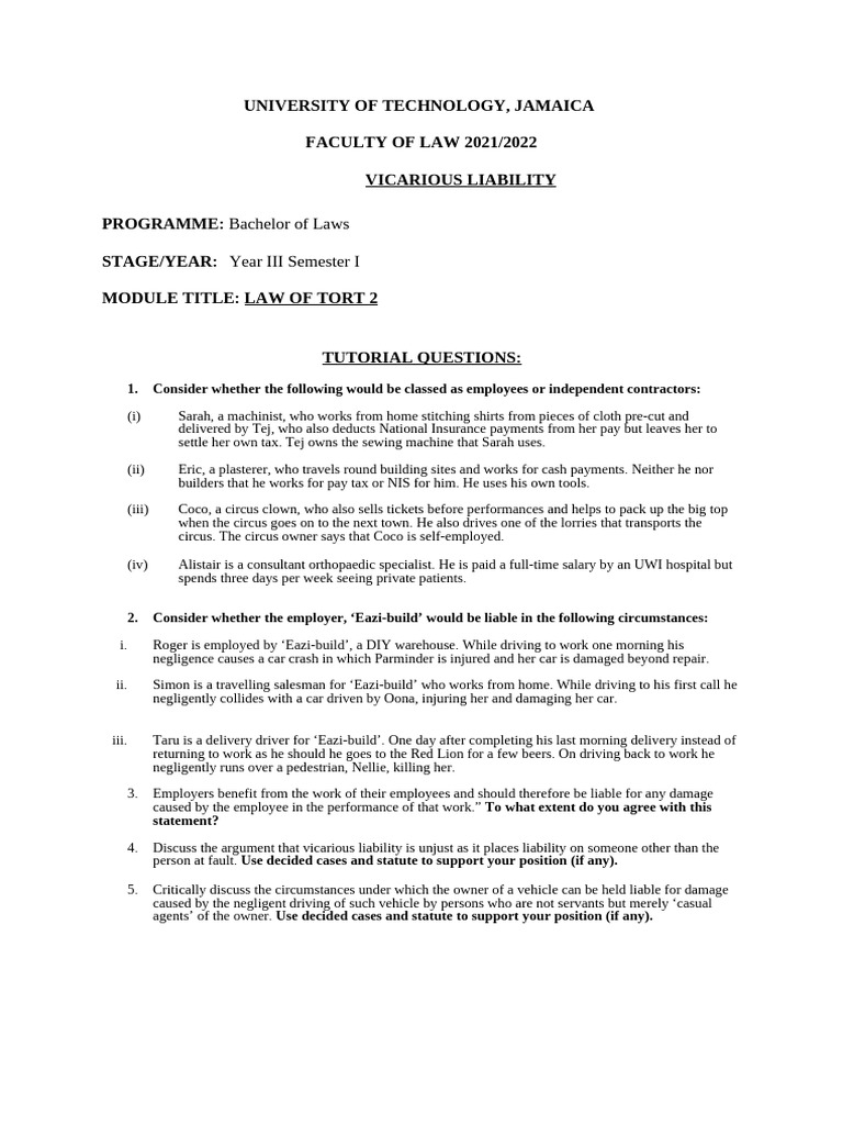 Tutorial Questions - Vicarious Liability-Unit 1-Tort 2 | PDF | Legal ...