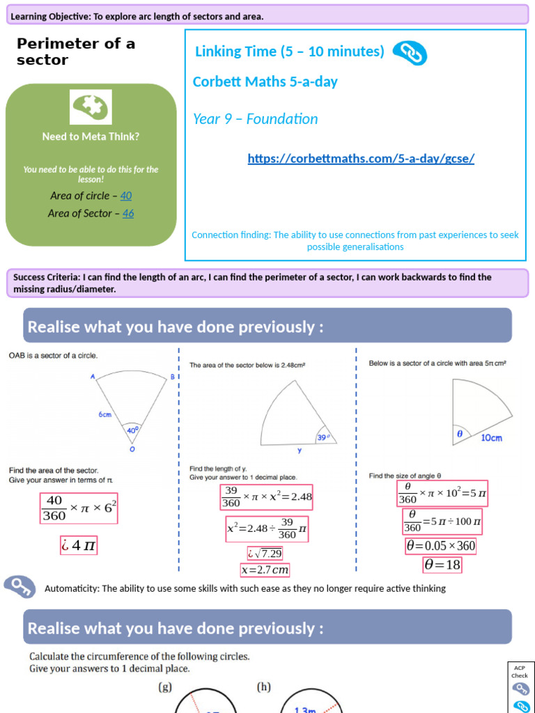 Arc Length and Sector Perimeter Guide | PDF | Area | Mathematics
