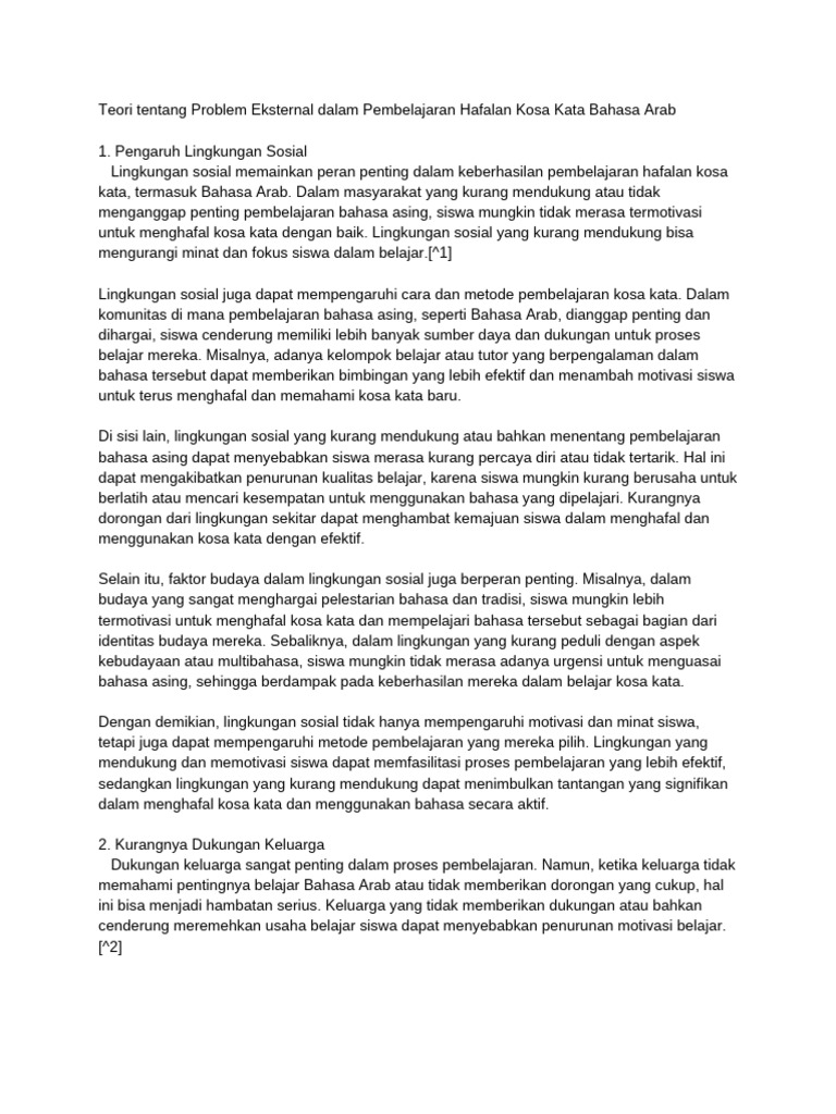 Problem Eksternal Dalam Pembelajaran Hafalan Kosa Kata Bahasa Arab | PDF
