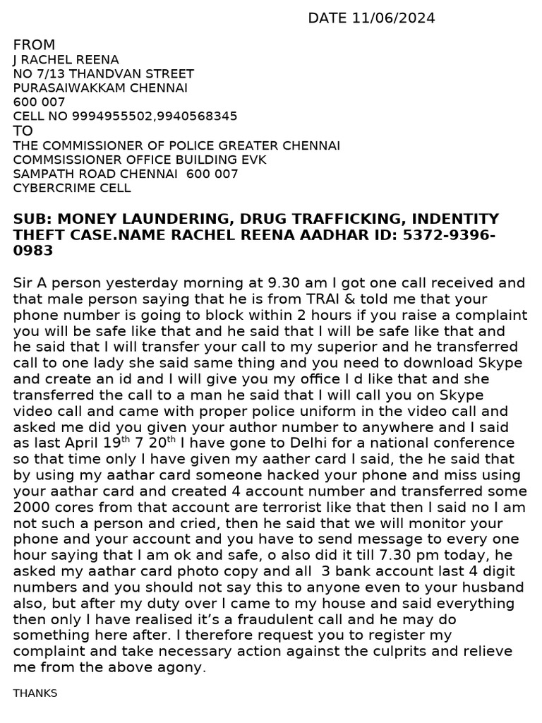 Police Letter Reena | PDF