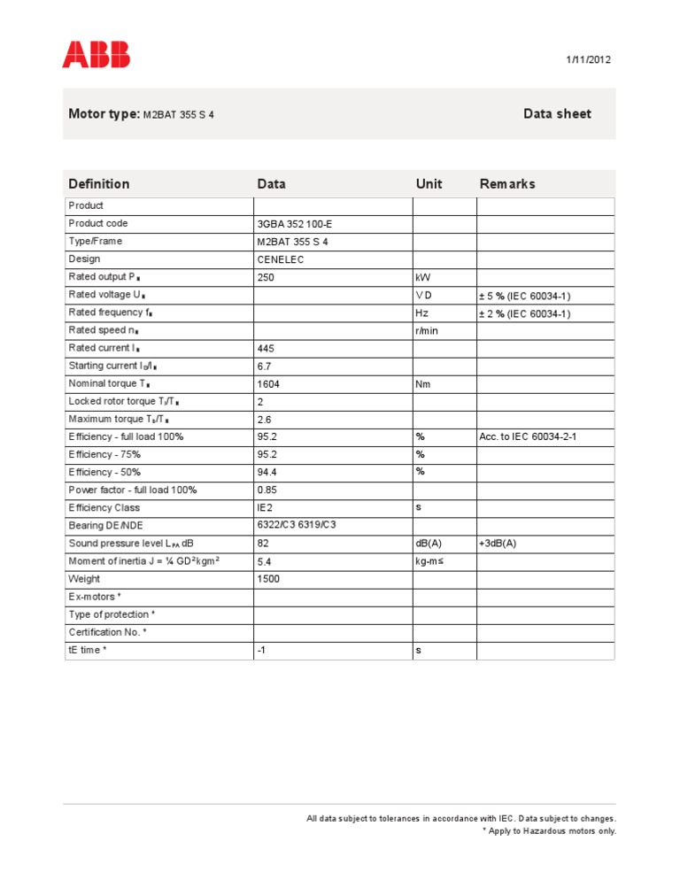 Motor Specification Data Sheet | PDF