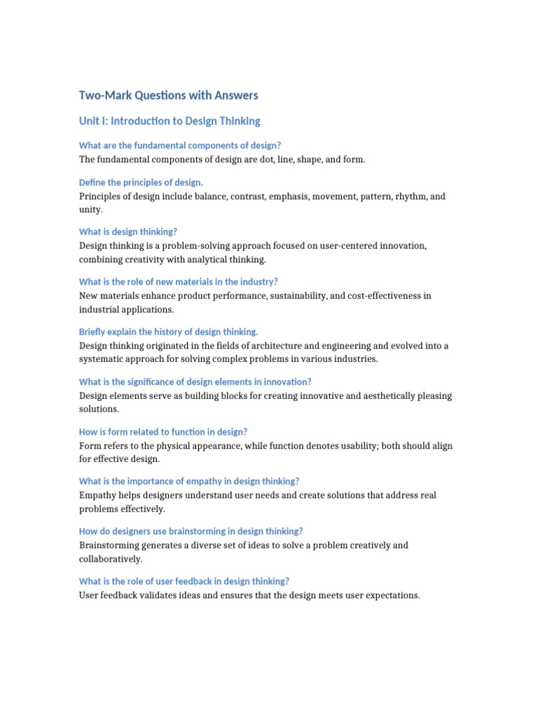 Two Mark Questions Design Thinking (1) | PDF | Design Thinking | Innovation