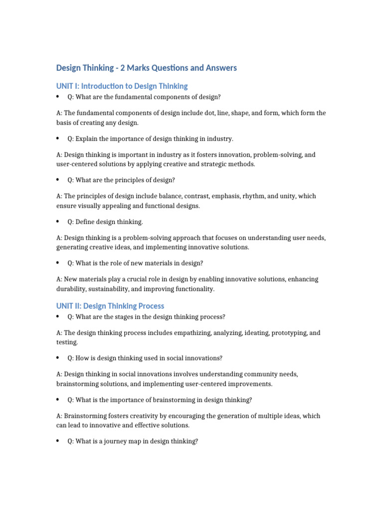 Design Thinking 2 Marks Questions | PDF | Design Thinking | Creativity