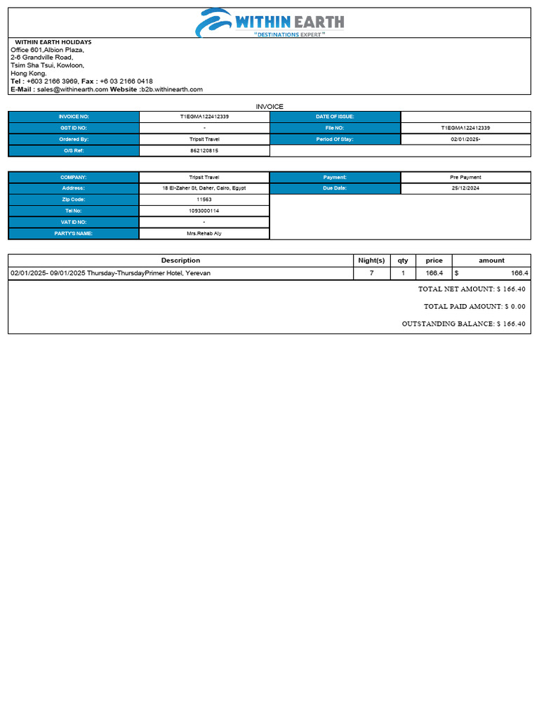 Tripsit Travel Invoice for Within Earth | PDF
