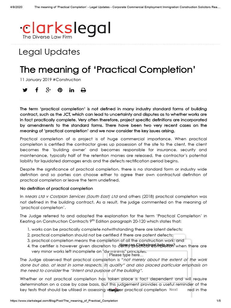 The meaning of ‘Practical Completion- Legal Updates - Clarkslegal LLP ...
