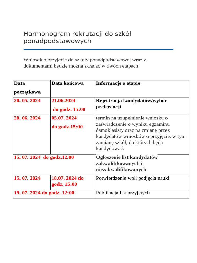 Harmonogram NOWY 2024 25 Rekrutacji | PDF