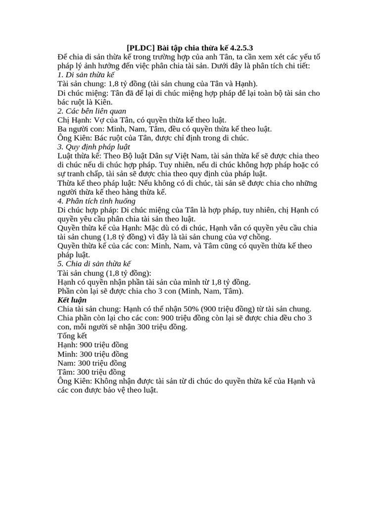 (PLDC) Bài tập chia thừa kế 4.2.5.3 | PDF