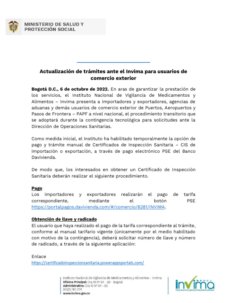 Comunicado - Actualización de Trámites Ante El Invima para Usuarios de ...