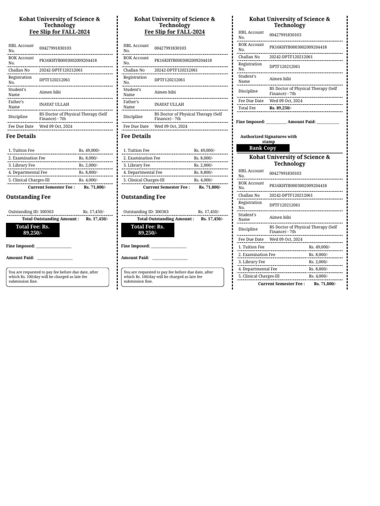 Student Fee Slip (1) | PDF | Fee | Money