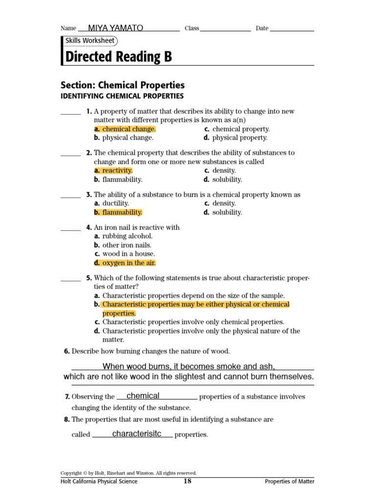 Directed Reading B: Section: Chemical Properties | PDF | Chemical ...