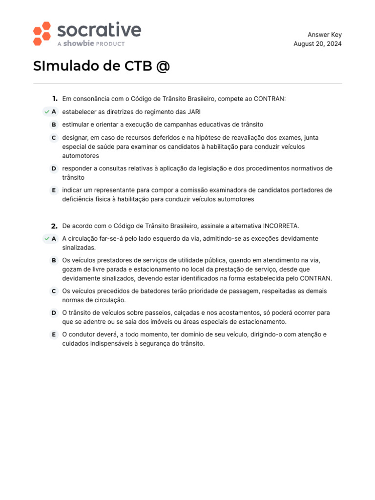 Quiz - Gabarito - SImulado de CTB | PDF | Tráfego | Transporte
