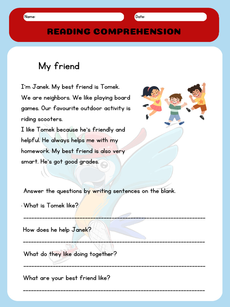 Friendship Story Reading Comprehension Worksheet in Blue and White ...
