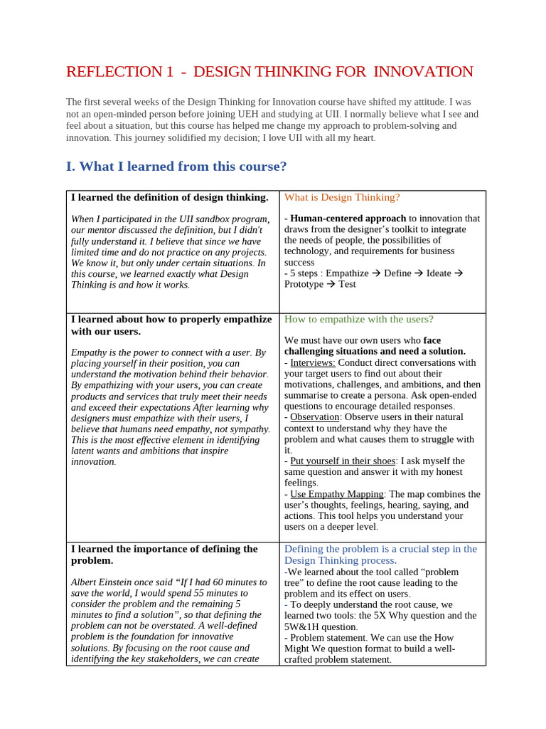 REFLECTION 1-Design thinking | PDF | Prototype | Design Thinking REFLECTION 1-Design thinking | PDF | Prototype | Design Thinking