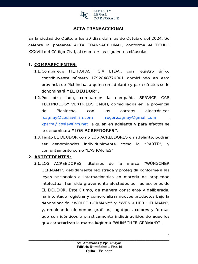 Propuesta de Acta Transaccional | PDF | Daños y perjuicios | Pagos