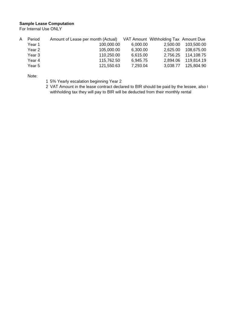 Sample Lease Computation | PDF