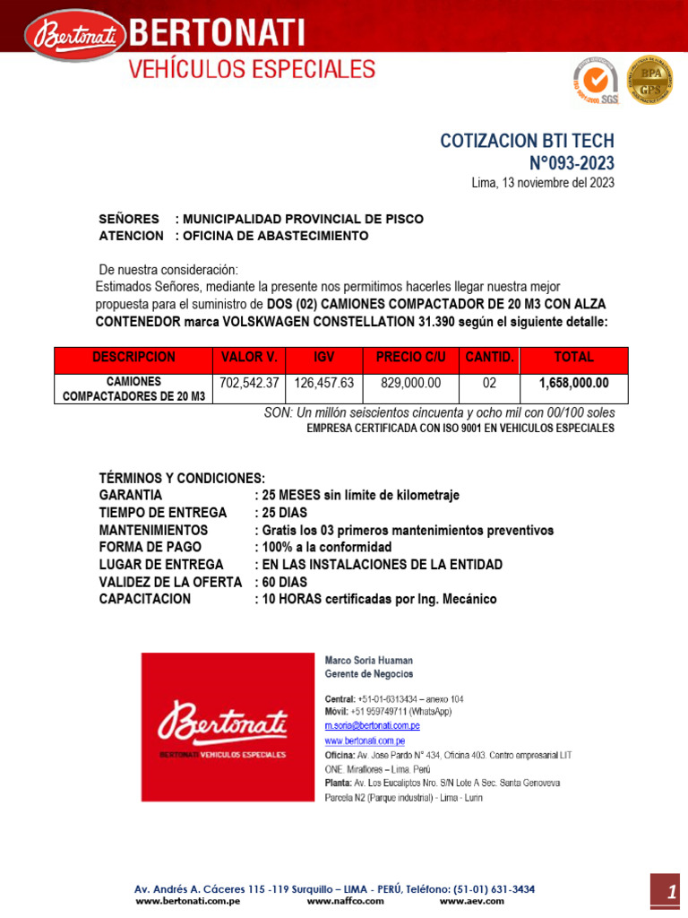 Cotizacion Bti Tech N 093-2023 | PDF | Eje | Camión