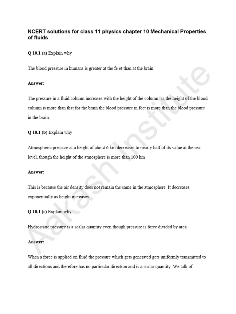 Ncert Solutions Class 11 Physics Chapter 10 Mechanical Properties of Fluids 0 | PDF | Pressure ...