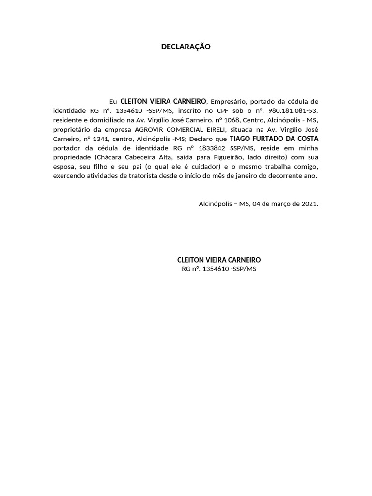Declaração - Tiago | PDF