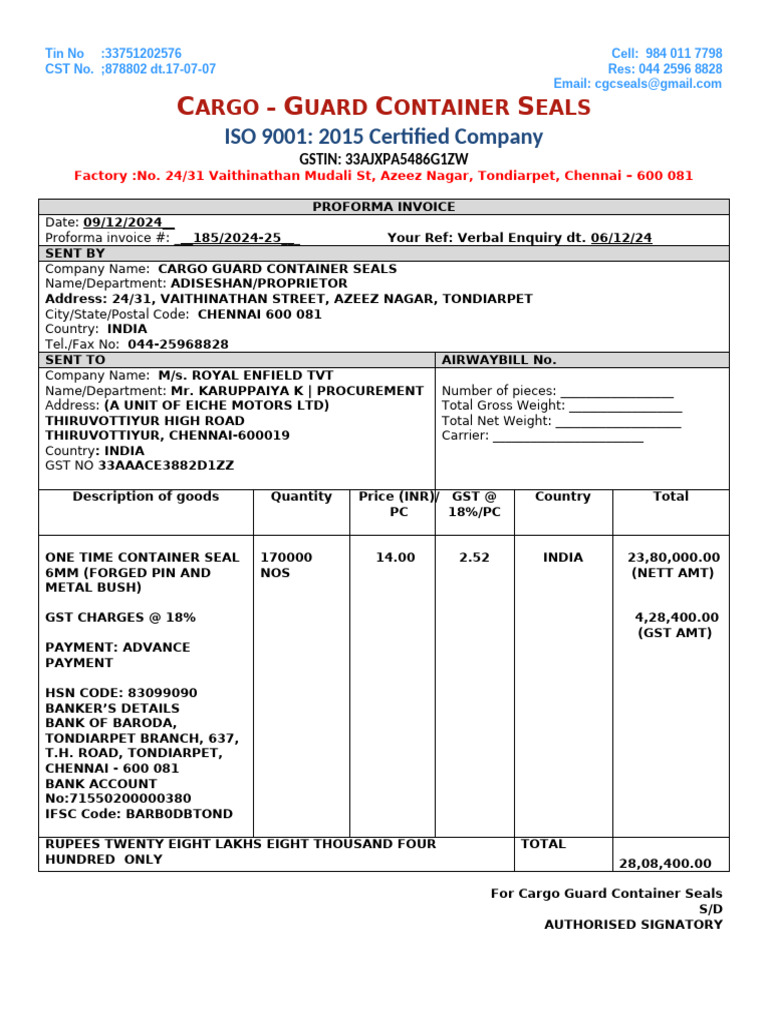 Proforma Invoice-0185!24!25 -Royal Enfield | PDF | Accounting