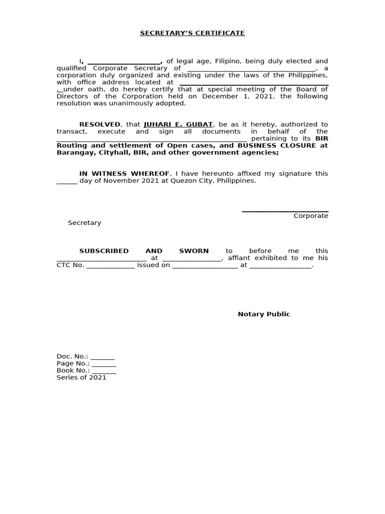 Secretary Certificate - Template - BIR Cityhall Closure | PDF