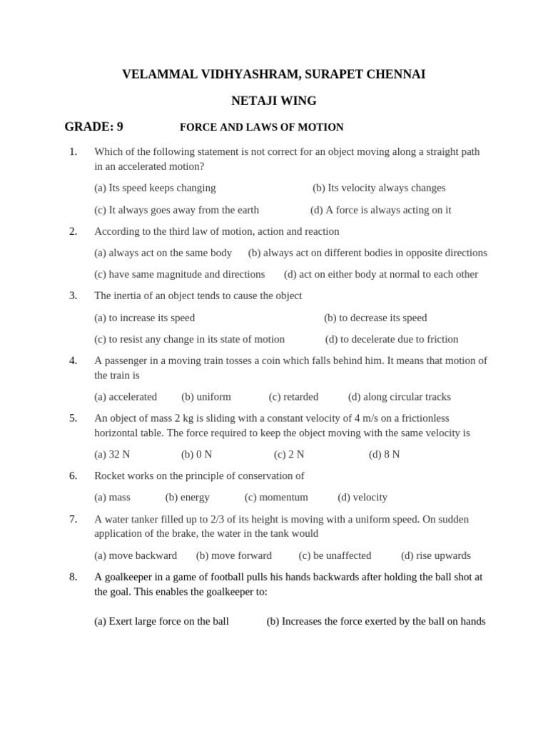 IX Force and Laws of Motion - Worksheet | PDF | Force | Acceleration