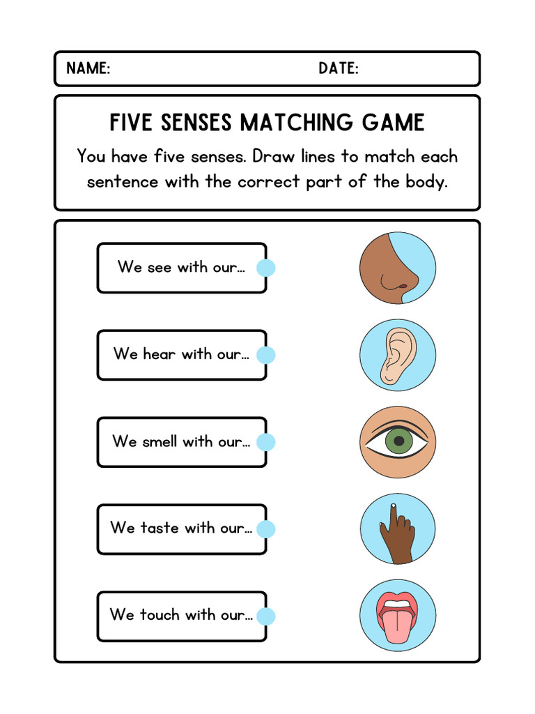 Five Senses Matching Worksheet in Simple Bold Style | PDF
