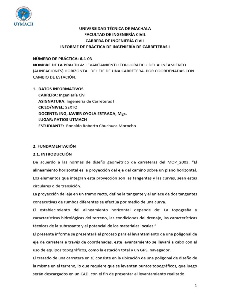 2024 - 1 - Informe - Pract - 03 - Ingcarret I | PDF | Topografía | La carretera