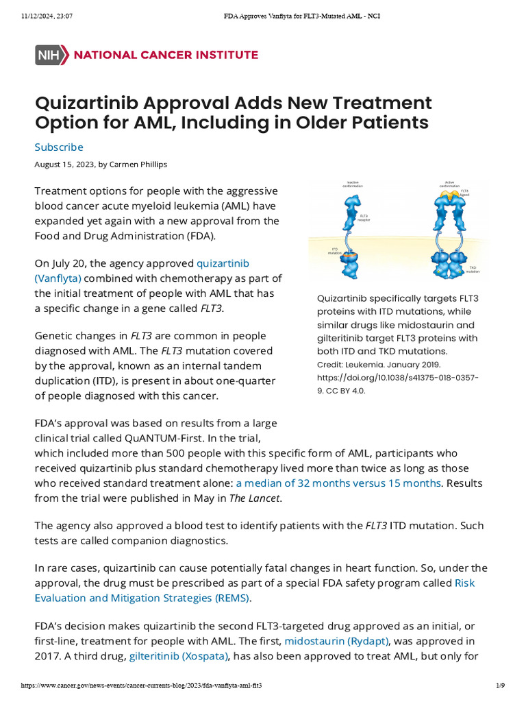 FDA Approves Vanflyta For FLT3-Mutated AML - NCI | PDF | Neoplasms | Cancer