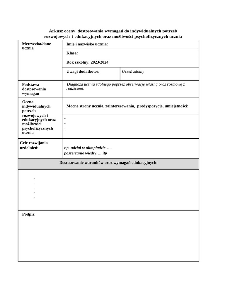 Arkusz Uczeń Zdolny | PDF