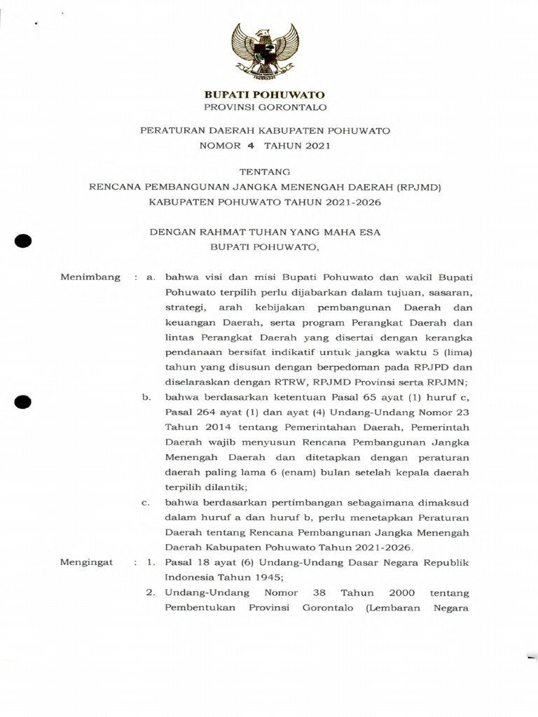 Perda RPJMD Kab Pohuwato 2021-2026 - Fixed | PDF