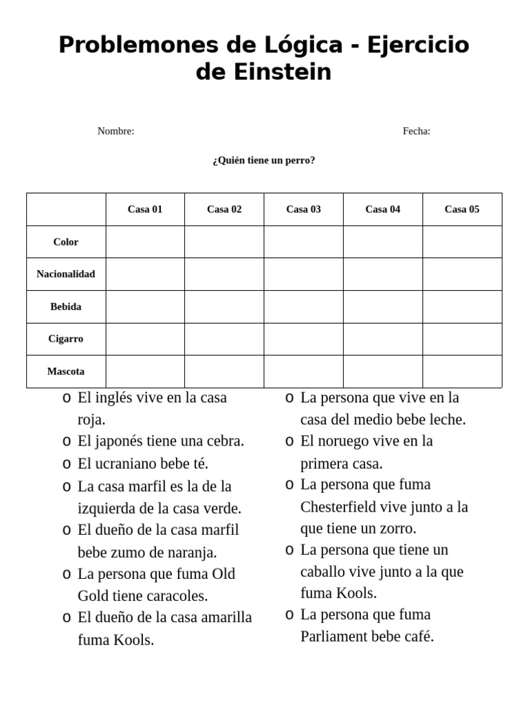Problemas de Lógica Ejercicio de Einstein ALTERNATIVO 2 | PDF
