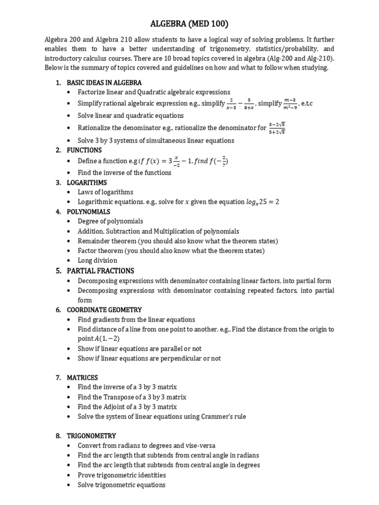 Algebra Study Guide-Med-100 | PDF | Equations | Algebra