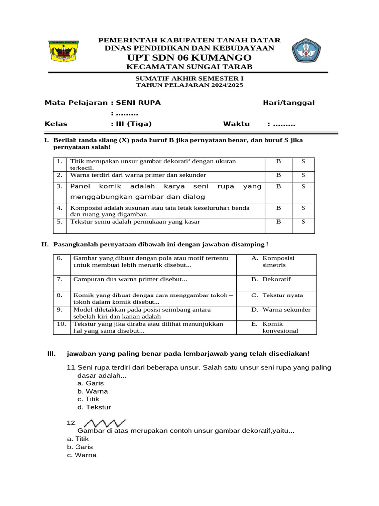 Soal SAS Ganjil Seni Rupa | PDF