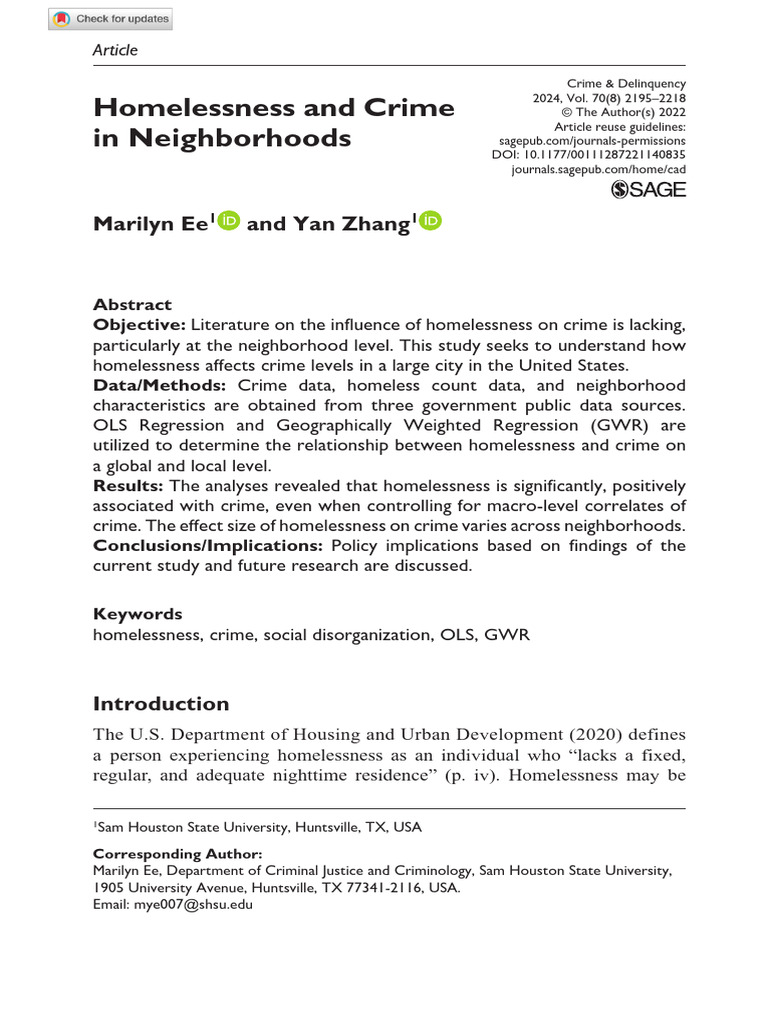 Ee Zhang 2022 Homelessness and Crime in Neighborhoods | PDF | Linear ...
