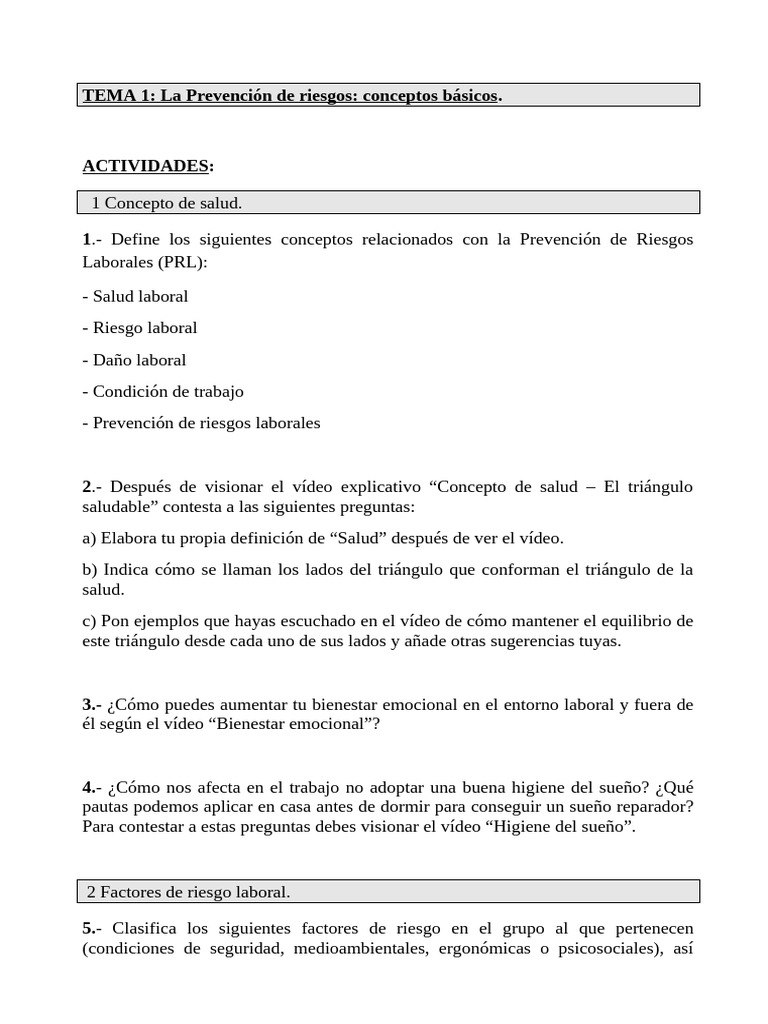 Actividades Tema 1 conceptos básicos PRL | PDF | Seguridad y salud ocupacional