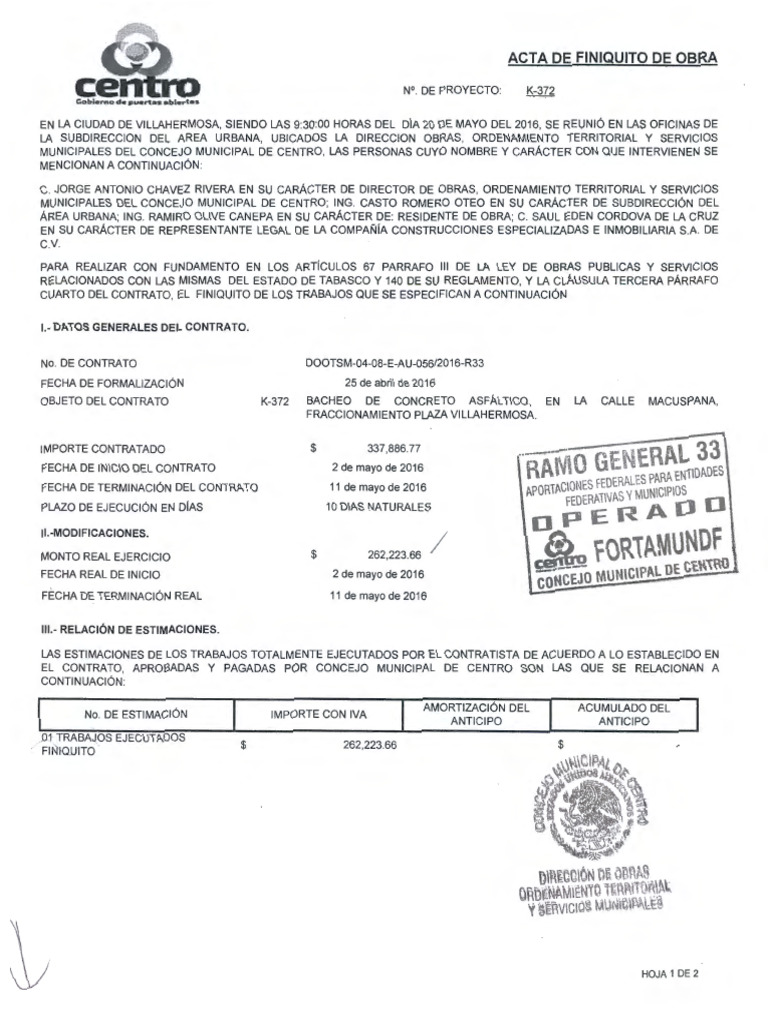 Obras 6. - ACTA DE FINIQUITO DE LA OBRA k372 16 | PDF