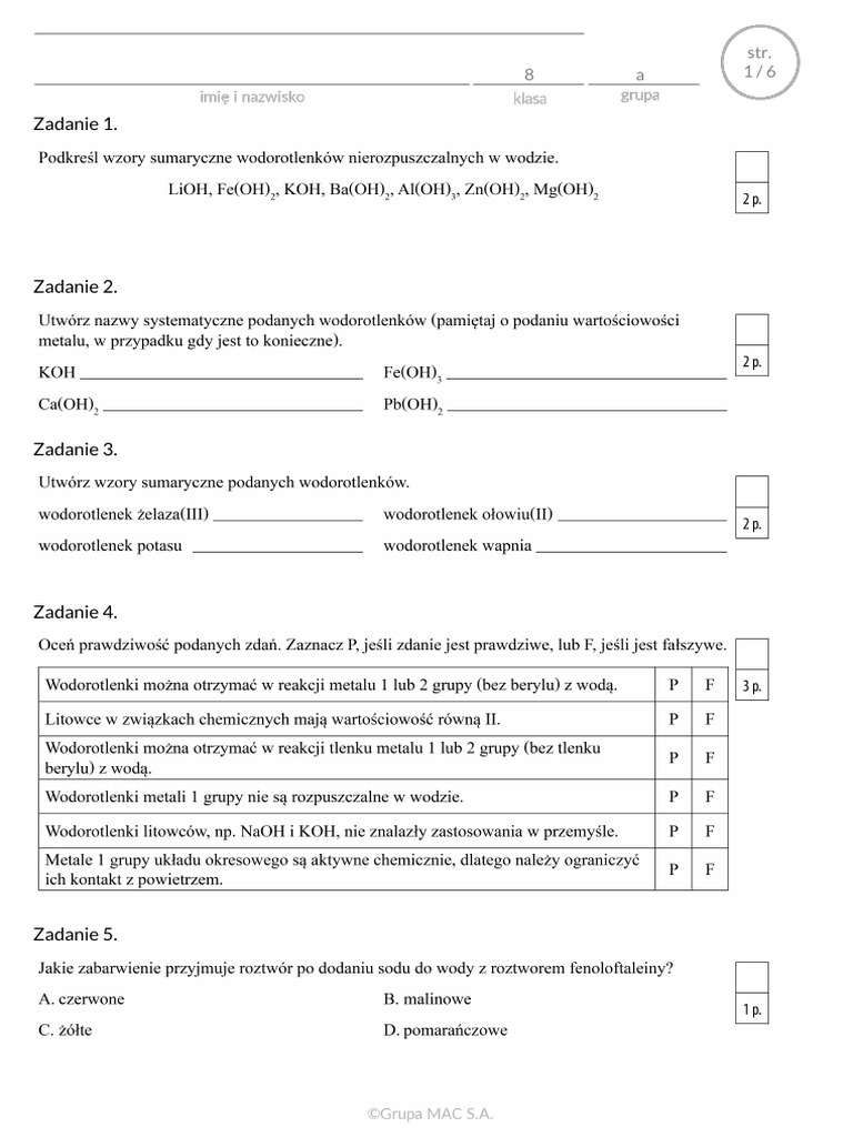 Wodorotlenki - powtórzenie wiadomości kl 8 MAC | PDF