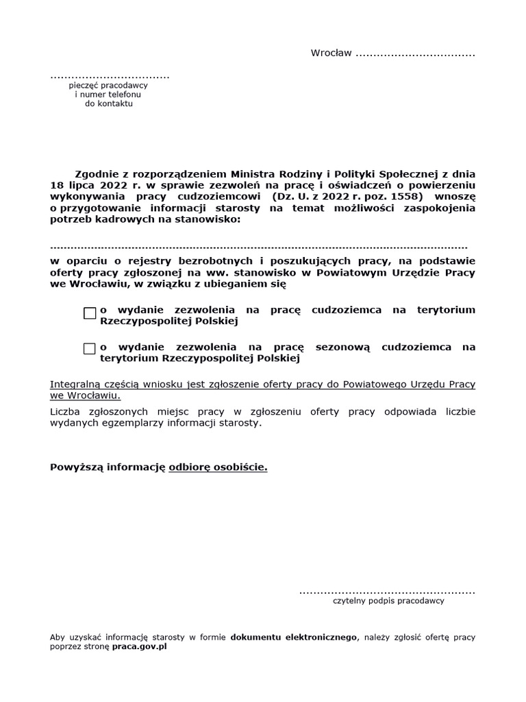 Wniosek o informację starosty na temat możliwości zaspokojenia potrzeb kadrowych dla osób ...