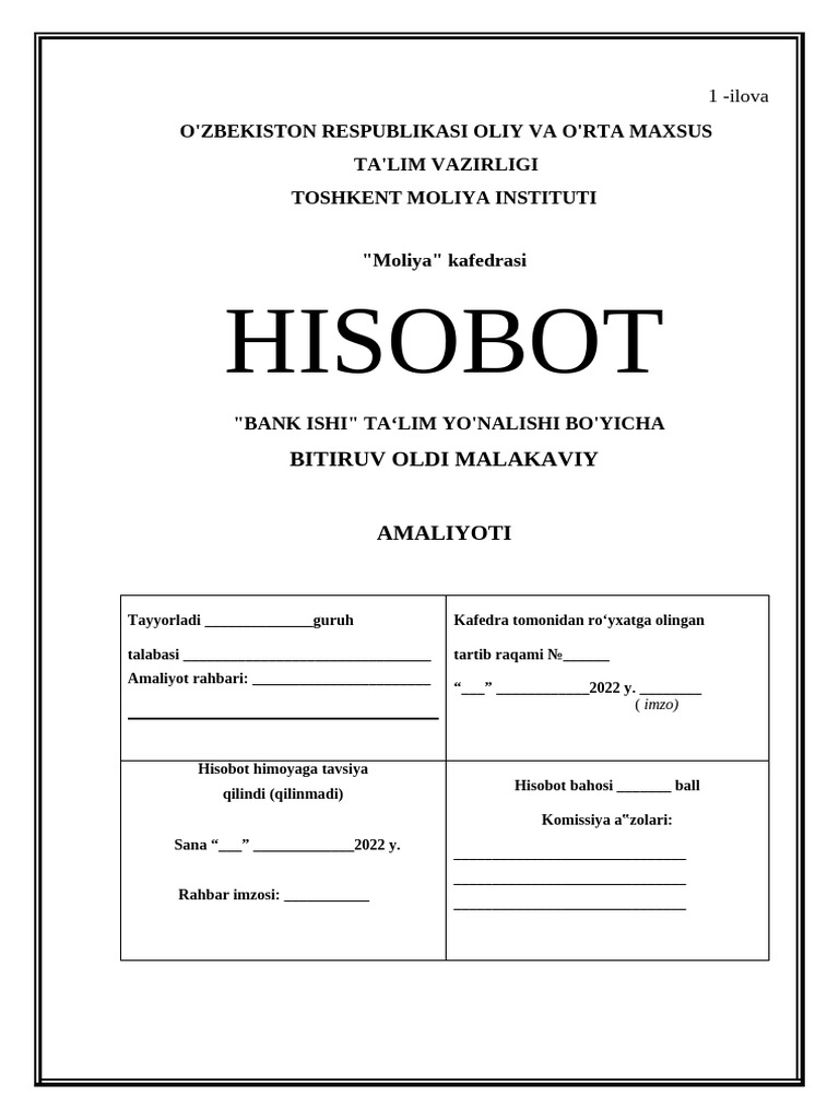 Hisobot _bank ishi_ ta‘lim yo'nalishi bo'yicha bitiruv oldi mala | PDF