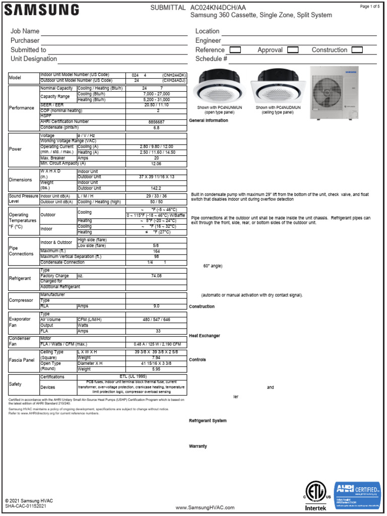 Samsung 360 Cassette AC Unit Specs | PDF | Electricity | Building ...