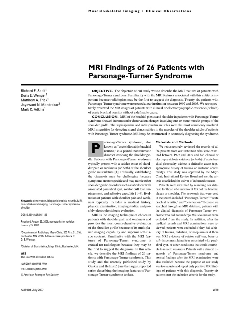 MRI Findings of 26 Patients With Parsonage-Turner Syndrome | PDF ...