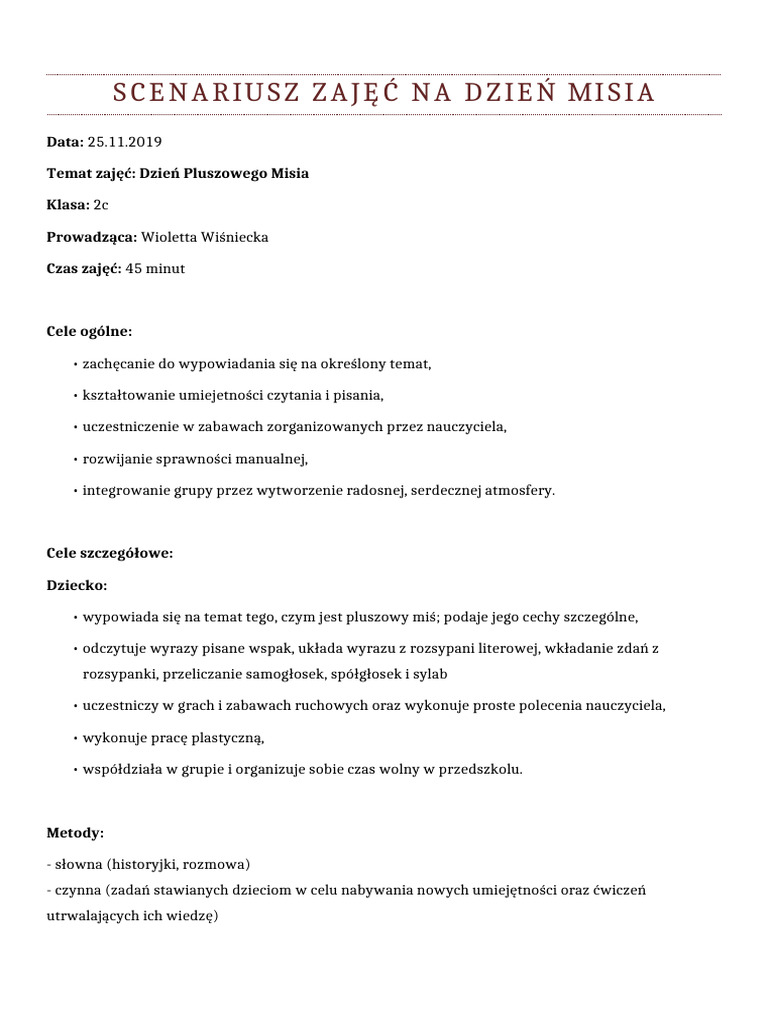 Edukacja Wczesnoszkolna Dzien Misia | PDF